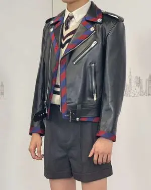 Celine Braided Biker Jacket In Calfskin With Striped Trim