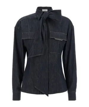 Brunello Cucinelli Long Sleeve Denim Shirt With Removable Bow Tie - Black