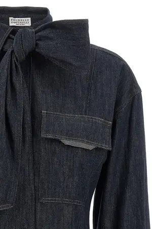Brunello Cucinelli Long Sleeve Denim Shirt With Removable Bow Tie - Black