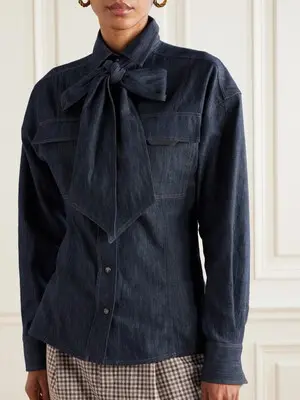 Brunello Cucinelli Long Sleeve Denim Shirt With Removable Bow Tie - Black