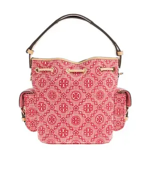 Tory Burch T Monogram Denim Bucket Bag - Red