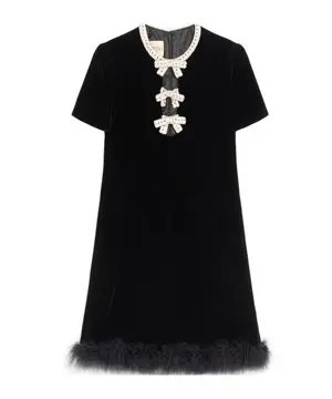 Valentino Garavani Embroidered Sablé Velvet Short Dress With Bows And Rhinestones