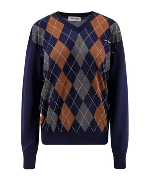 Miu Miu V-neck Argyle Wool Sweater - Blue