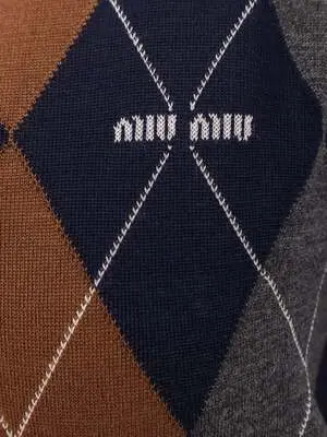 Miu Miu V-neck Argyle Wool Sweater - Blue