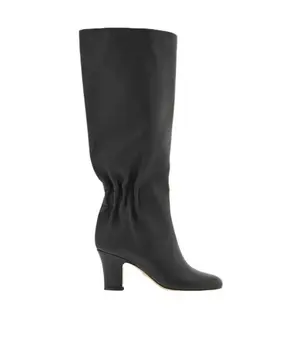 FERRAGAMO Knee High Ruched Leather Boots With Gancini Detail - Black