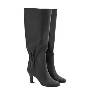 FERRAGAMO Knee High Ruched Leather Boots With Gancini Detail - Black