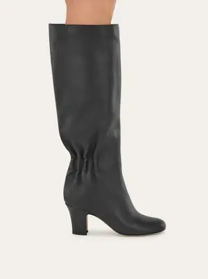 FERRAGAMO Knee High Ruched Leather Boots With Gancini Detail - Black