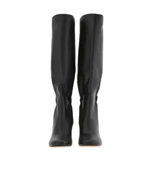 FERRAGAMO Knee High Ruched Leather Boots With Gancini Detail - Black