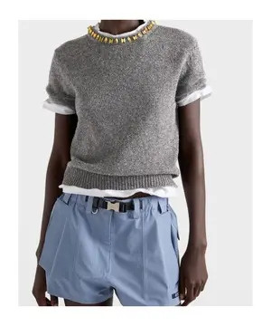 Prada Embellished Short Sleeve Jumper - Grey