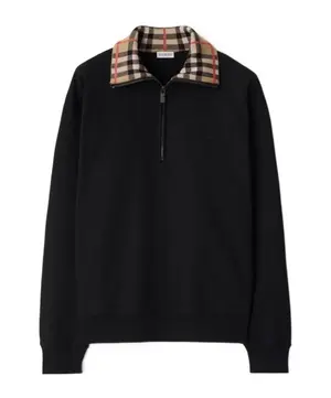 Burberry Checked Collar Half-zip Sweatshirt - Black