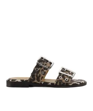 GANNI Ganni Buckled Two-Strap Flat Sandals Leopard