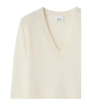 Burberry Logo Cashmere V-neck Sweater - Vanilla