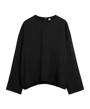 TOTEME Boxy Satin Top With Round Neck And Long Sleeves - Black