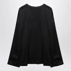 TOTEME Boxy Satin Top With Round Neck And Long Sleeves - Black