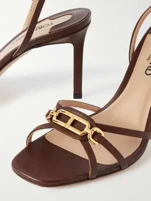 TOM FORD 85mm Mid Heel Sandals With Gold T Logo Detail - Tan