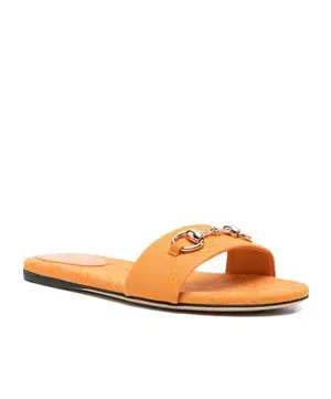 Gucci Canvas Logo Slide Sandals With Horsebit Detail - Nude