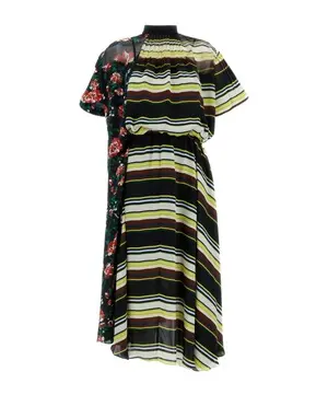 Sacai Floral Printed And Striped Midi Dress