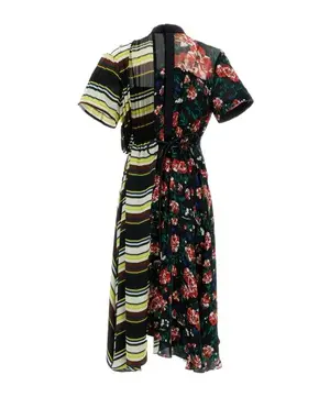 Sacai Floral Printed And Striped Midi Dress