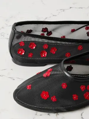 Staud Alba Mesh Ballet Flats With Sequined Floral Pattern - Black