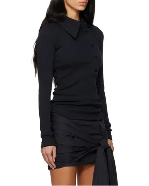 Attico Long-sleeved Ribbed Polo Top - Black