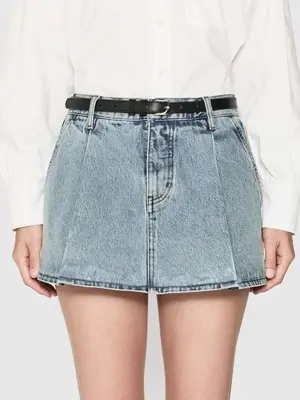 FRAME Low Rise Denim Skirt With Pleated Hem