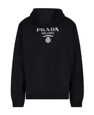 Prada Zip-up Drawstring Hoodie With Back Logo