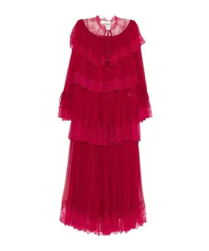 Chloé Long Sleeve Tiered Lace Trim Dress - No