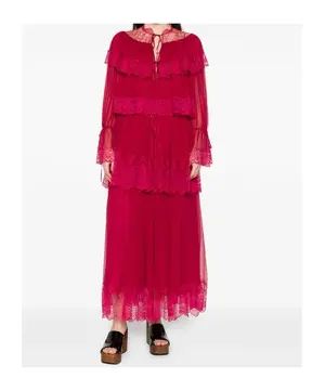 Chloé Long Sleeve Tiered Lace Trim Dress