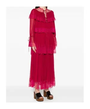 Chloé Long Sleeve Tiered Lace Trim Dress