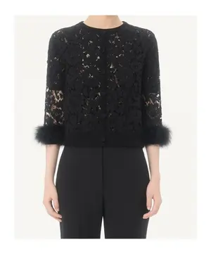 Valentino Garavani Lace Feather-trim Cardigan