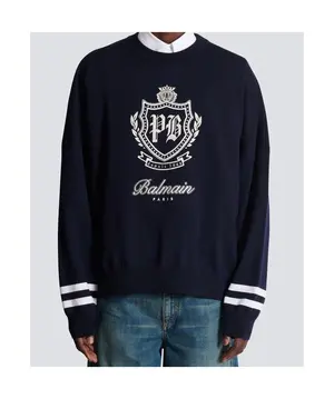 Balmain College Emblem Knit Jumper - Navy Blue
