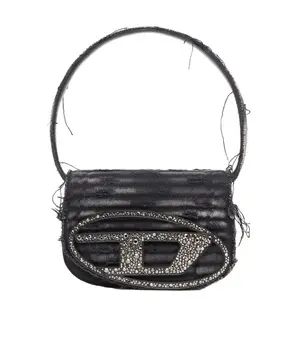 DIESEL® 1-dr Embellished Distressed Denim Shoulder Bag - Black
