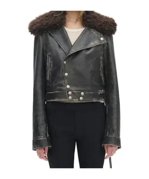 ANN DEMEULEMEESTER Double-breasted Shearling Collar Jacket - Black