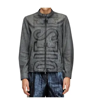 DIESEL® Leather Biker Jacket With Vertical Superlogo - Grey