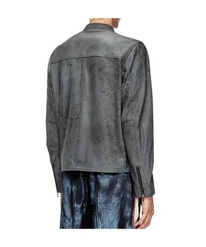 DIESEL® Leather Biker Jacket With Vertical Superlogo - Grey