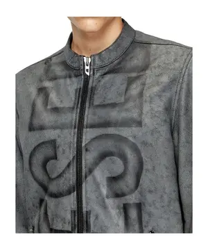 DIESEL® Leather Biker Jacket With Vertical Superlogo - Grey