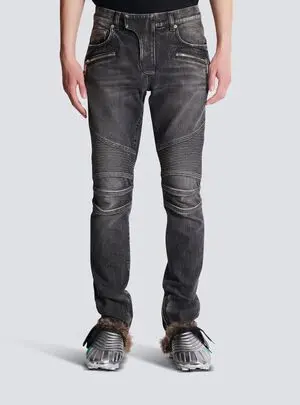 Balmain Logo Patch Slim-fit Biker Jeans - Grey
