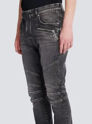 Balmain Logo Patch Slim-fit Biker Jeans - Grey