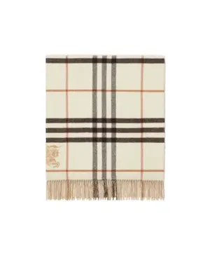 Burberry Wide Reversible Checked Fringed Scarf - Eggshell White