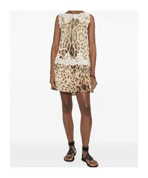 ERMANNO FIRENZE Sleeveless Leopard Print Lace Trimmed Dress