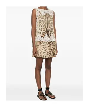 ERMANNO FIRENZE Sleeveless Leopard Print Lace Trimmed Dress