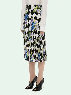 Off-White Floral Check Print Pleated Midi Skirt