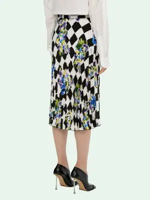 Off-White Floral Check Print Pleated Midi Skirt