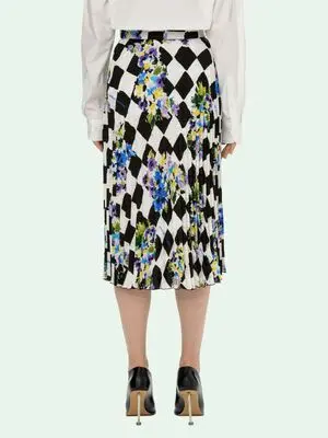 Off-White Floral Check Print Pleated Midi Skirt