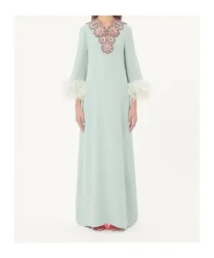 Valentino Garavani Long Dress With Feather Cuffs And Embroidered Neckline