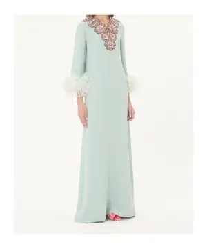 Valentino Garavani Long Dress With Feather Cuffs And Embroidered Neckline