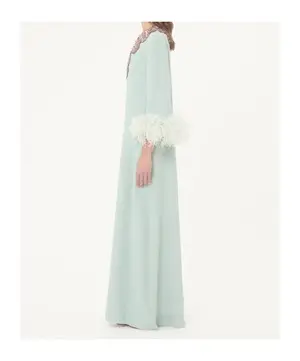 Valentino Garavani Long Dress With Feather Cuffs And Embroidered Neckline