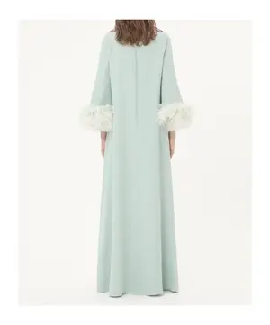 Valentino Garavani Long Dress With Feather Cuffs And Embroidered Neckline