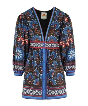 Farm Rio Latina Floral Print V-neck Button-placket Mini Dress - Black