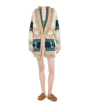 Alanui Icon Jacquard Fringed Belted Cardigan - Nude